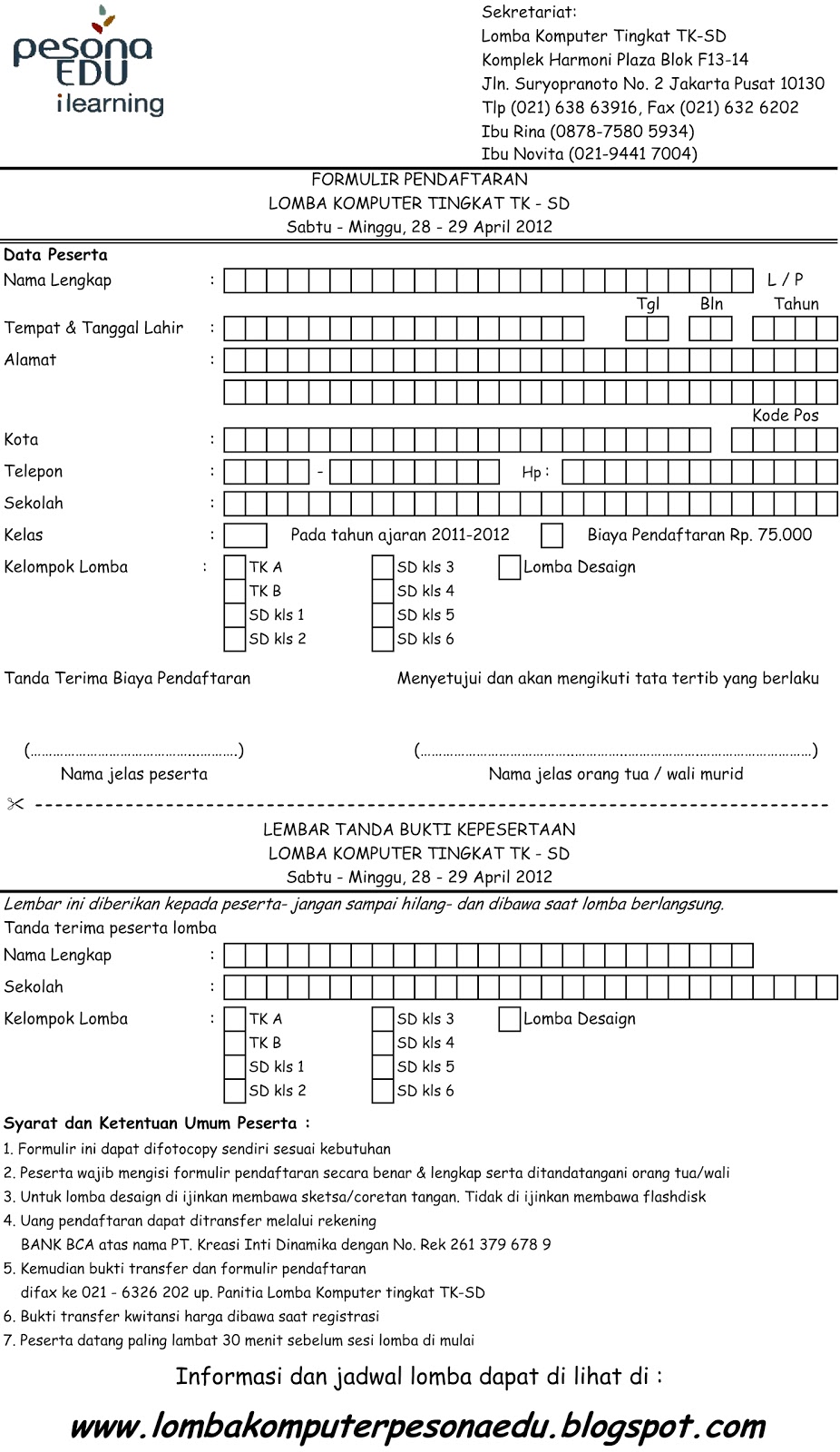 LOMBA KOMPUTER PESONA EDU: Formulir Pendaftaran Lomba