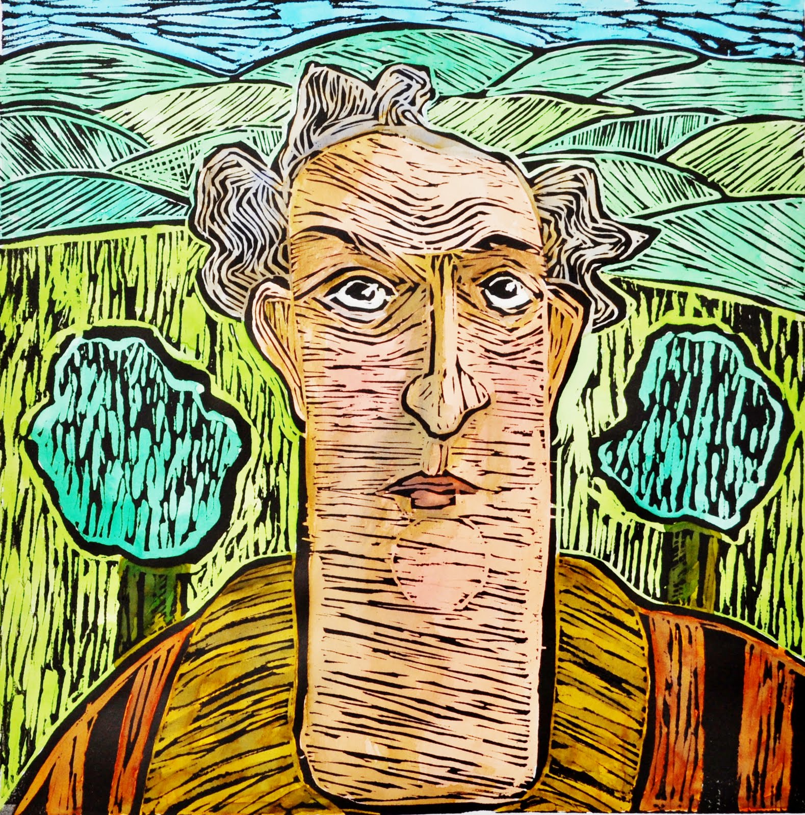 One Hand One Page: Lino print and lino coloured print.