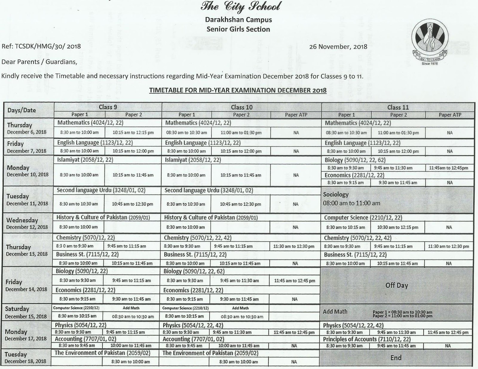 Official Blog for Girls Section: Timetable For Mid-Year Examination ...