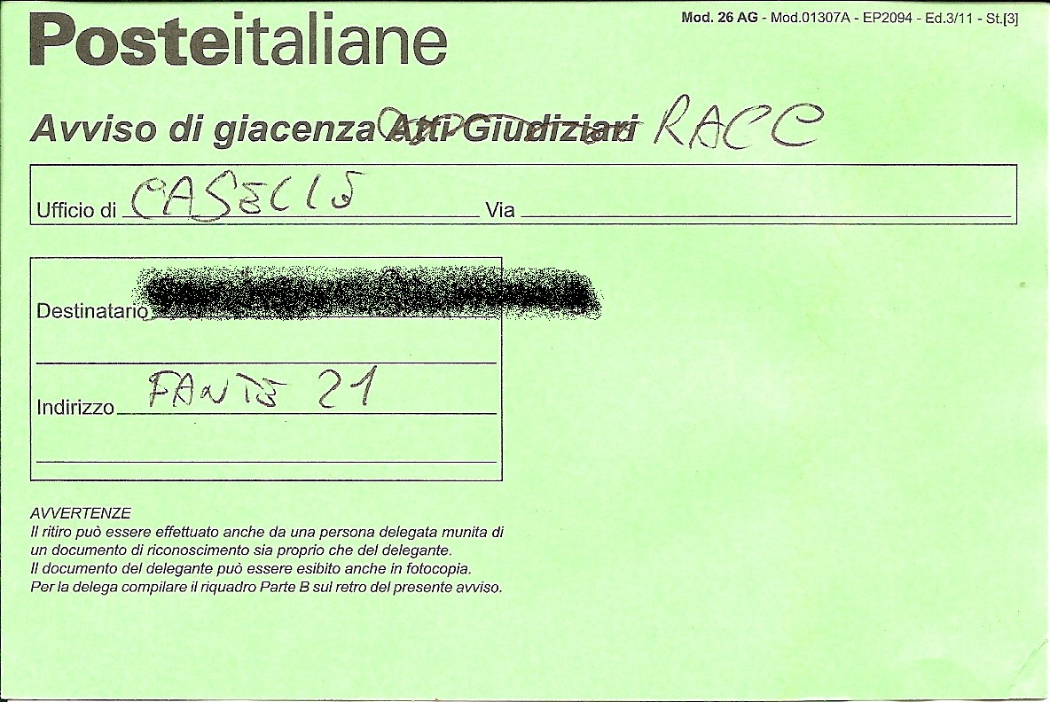 Avviso di giacenza atti giudiziari