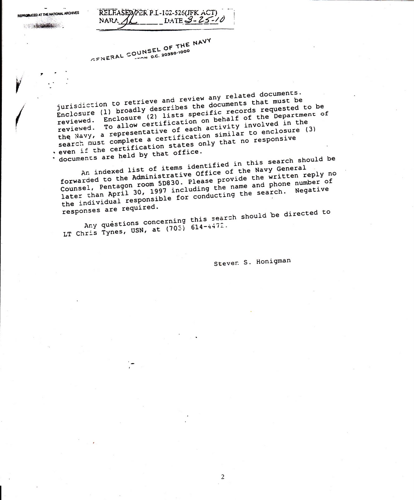 JFKcountercoup: General Counsel of the Navy Memo 2/25/97