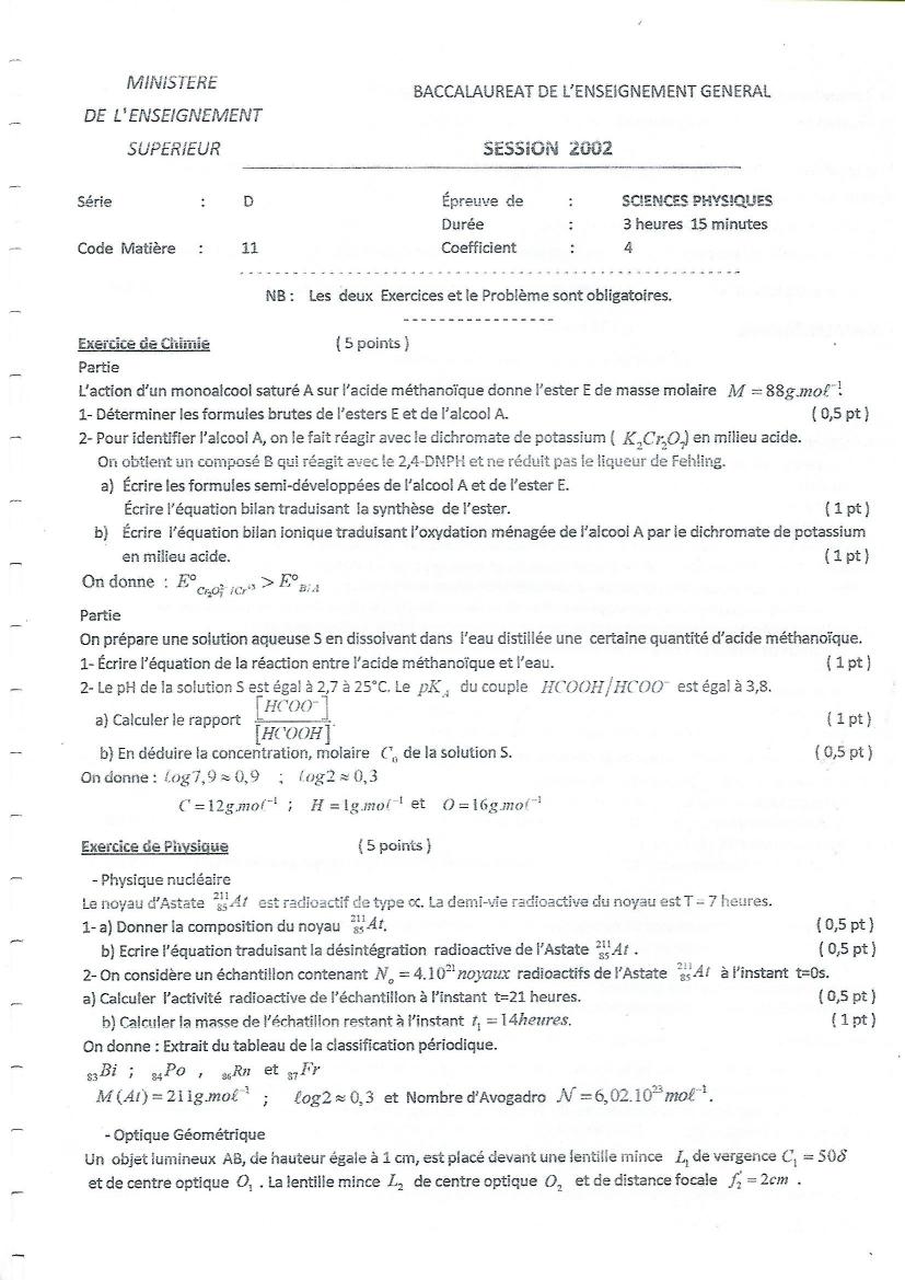 Sujet BAC serie D session 2002 - Épreuve Sciences Physiques à ...