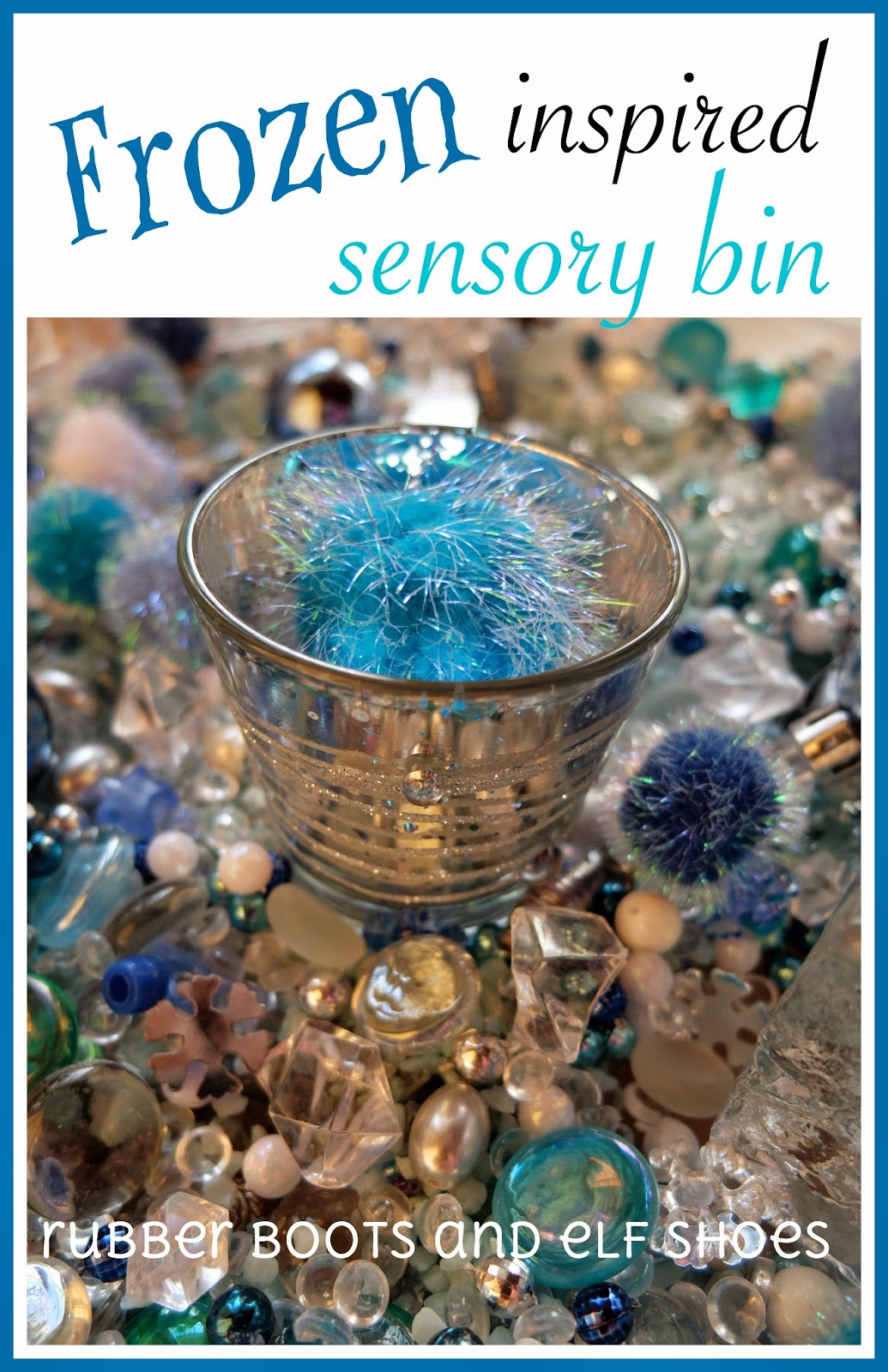 Frozen inspired sensory bin - rubber boots and elf shoes
