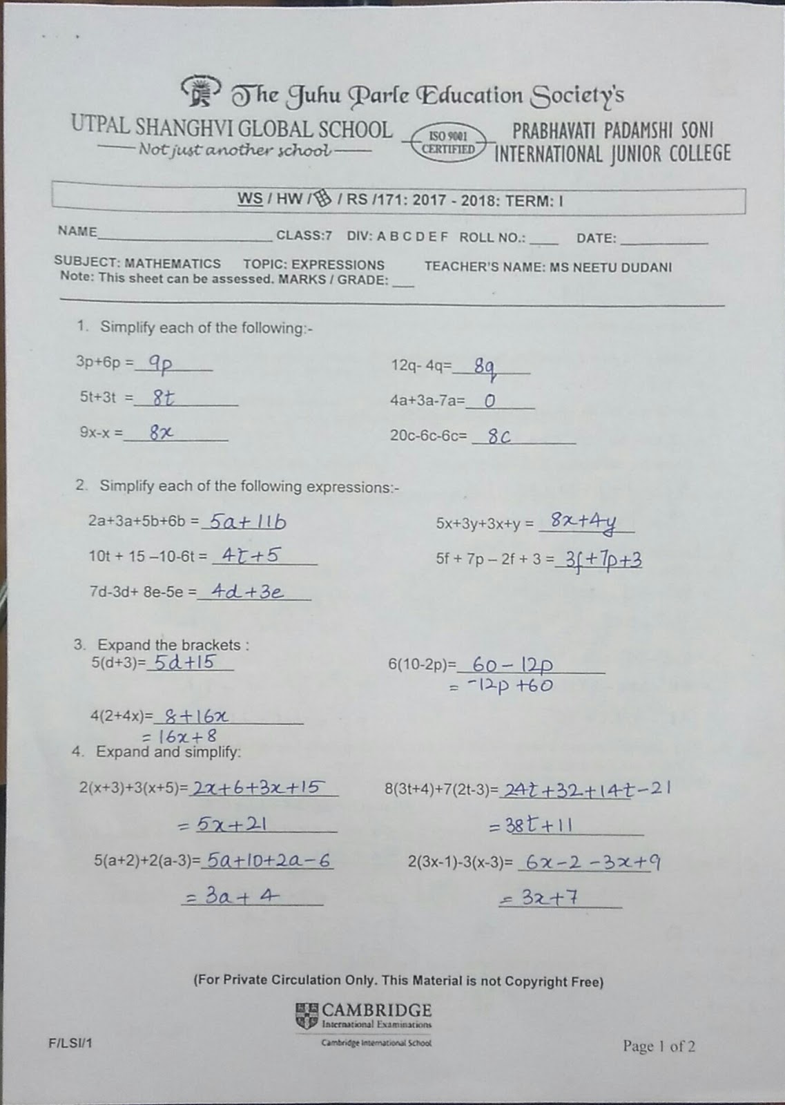 Maths IGCSE: Worksheets & Tests class 7 IGCSE