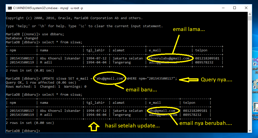 MENGUBAH DATA(UPDATE) di mysql via CMD - Abu Khoerul Iskandar