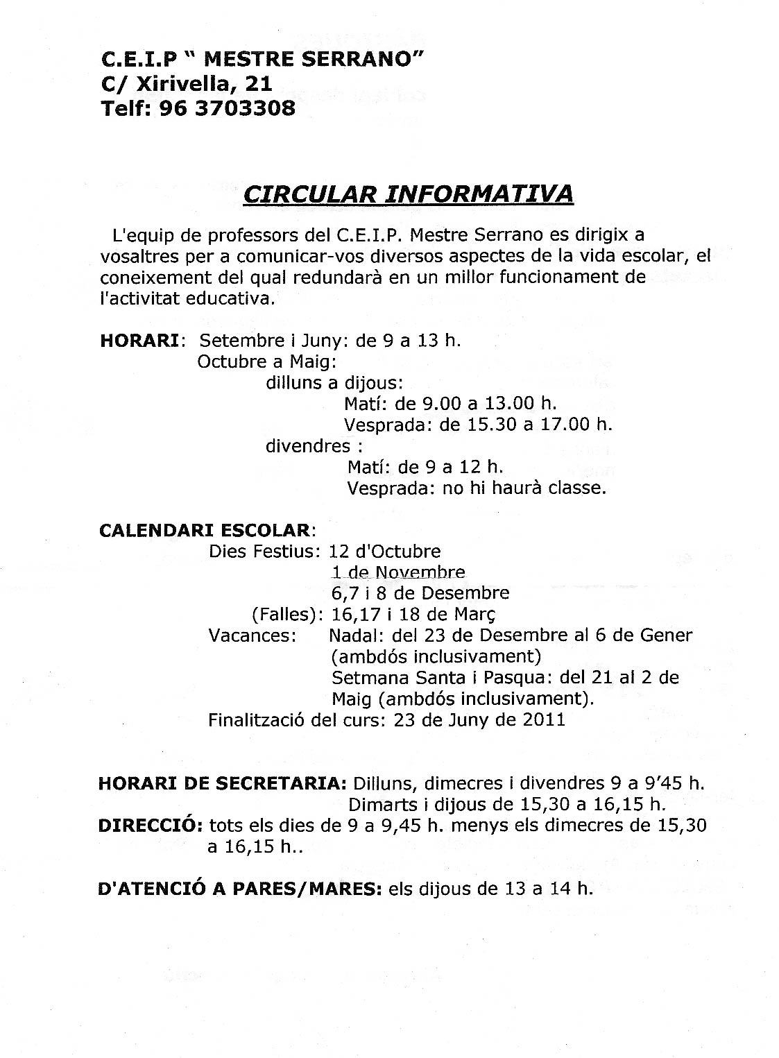 Asociación de Padres CEIP Maestro Serrano. Mislata: Circular ...