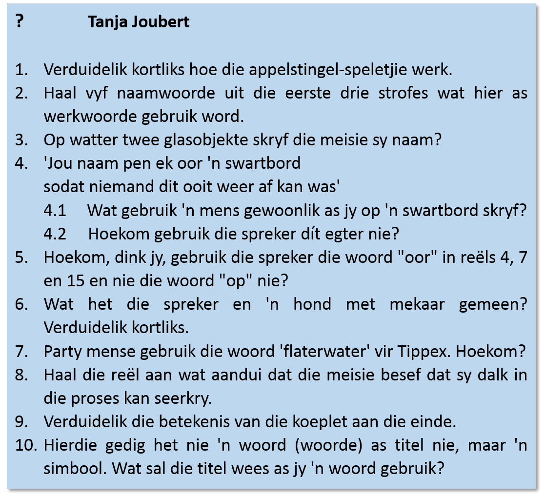 edupage cc: 10 VRAE OOR ... ? deur Tanja Joubert (1) edupage cc: 10 VRAE OOR ... ? deur Tanja Joubert (1)