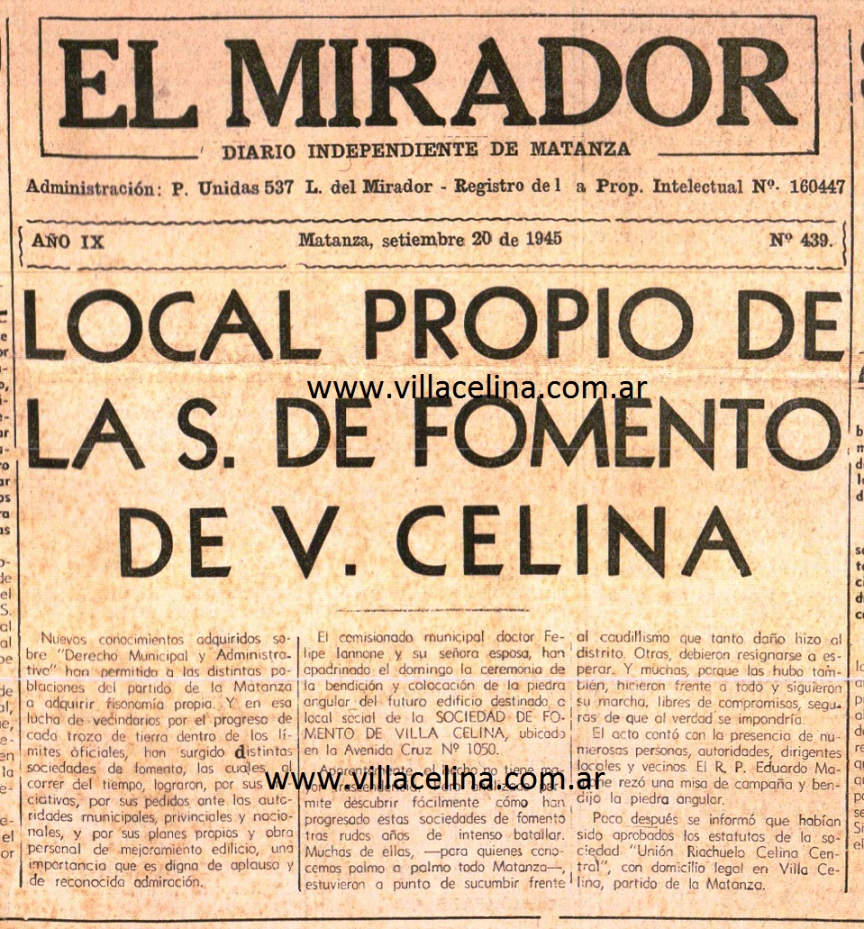 Historia de Villa Celina: Fue histórico: la Sociedad de Fomento de ...