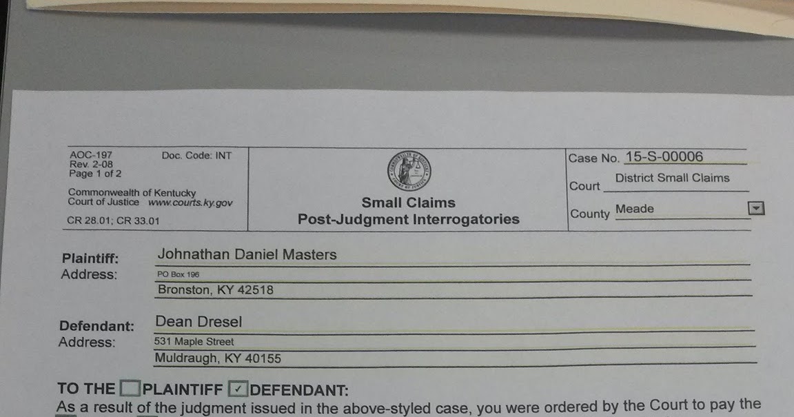 Post-Judgment Interrogatories, ie Dean Dresel case