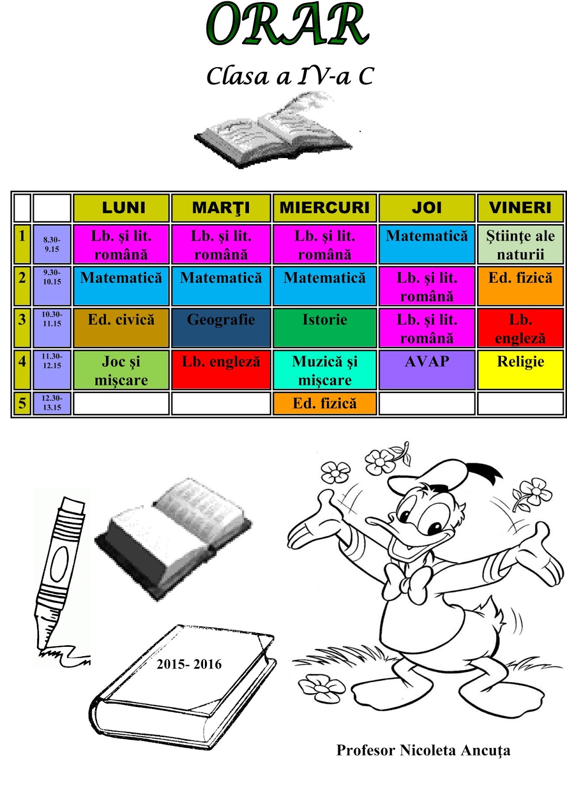 Clasa a-IV-a C - Liceul Teoretic Miron Costin Pascani : Orar