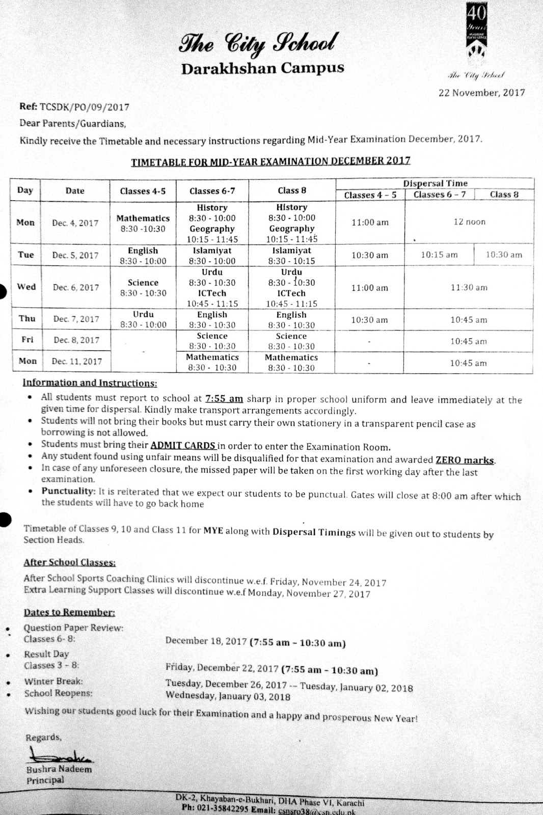 The City School Darakhshan Campus Prep Girls Section: Timetable for Mid ...