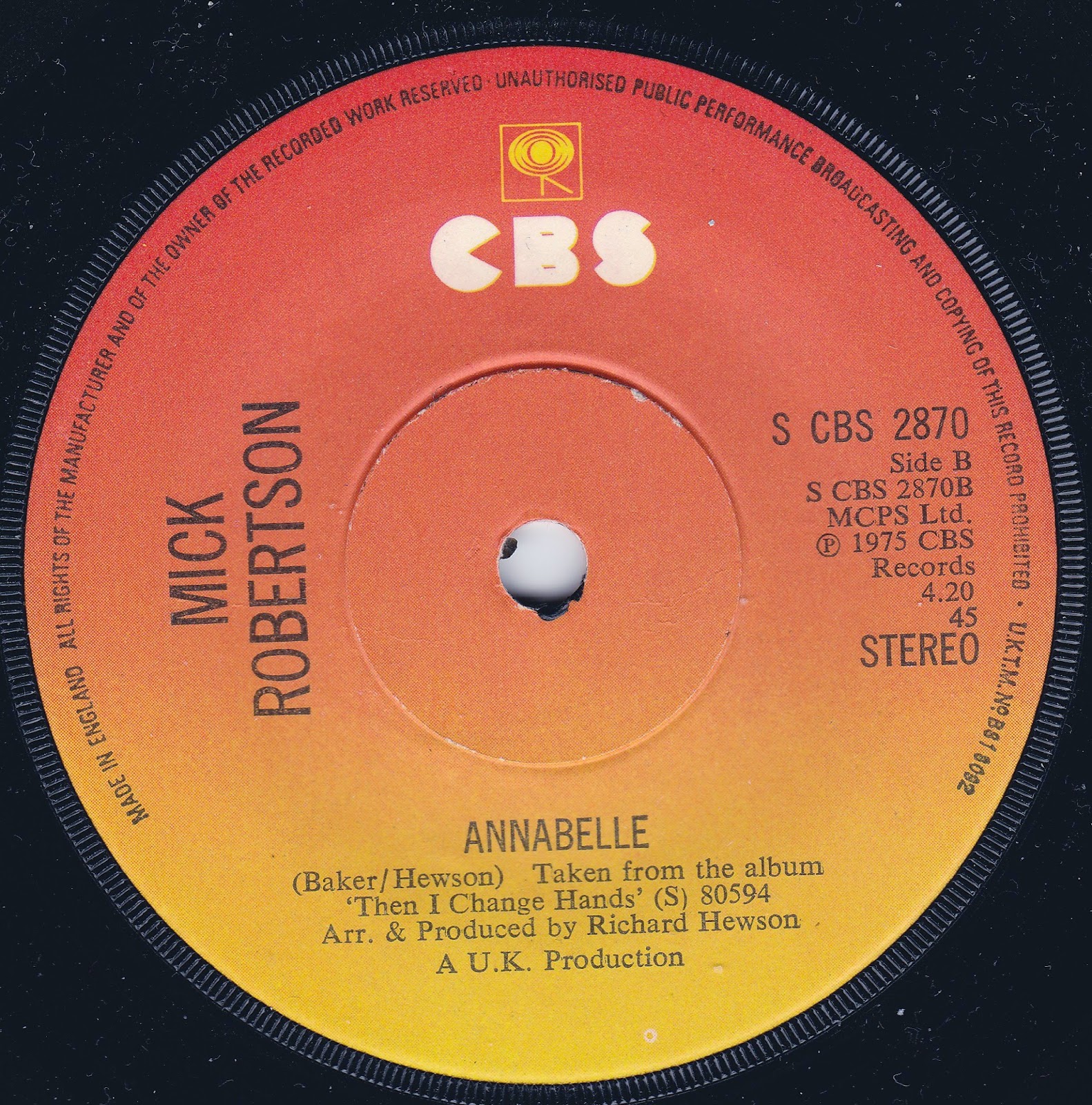 Left and to the Back: Mick Robertson - Then I Change Hands/ Annabelle