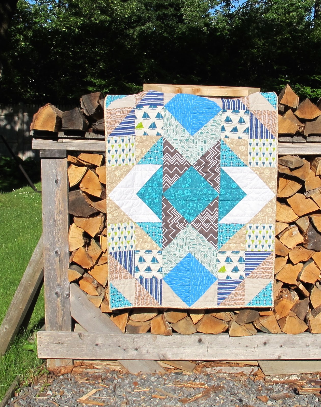 Six White Horses: Teal and Tan "Into the Wild" Baby Quilt
