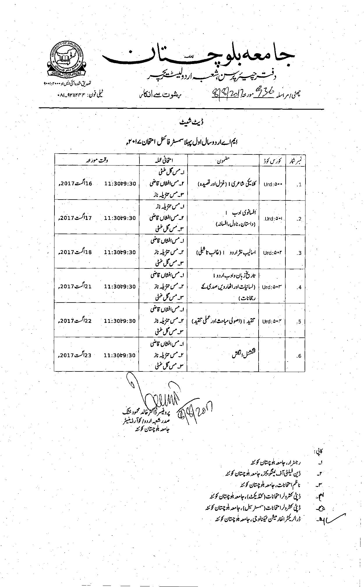 Date Sheet MA Urdu 1st Year 1st Semester Final 2017