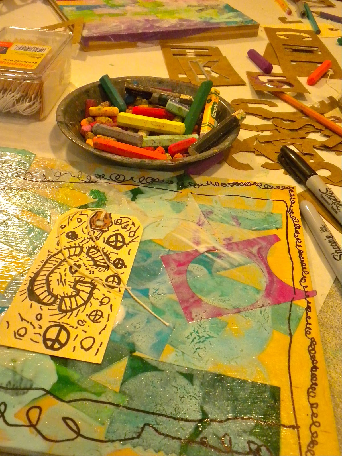 paper collage on wood | Beehive Art Studio