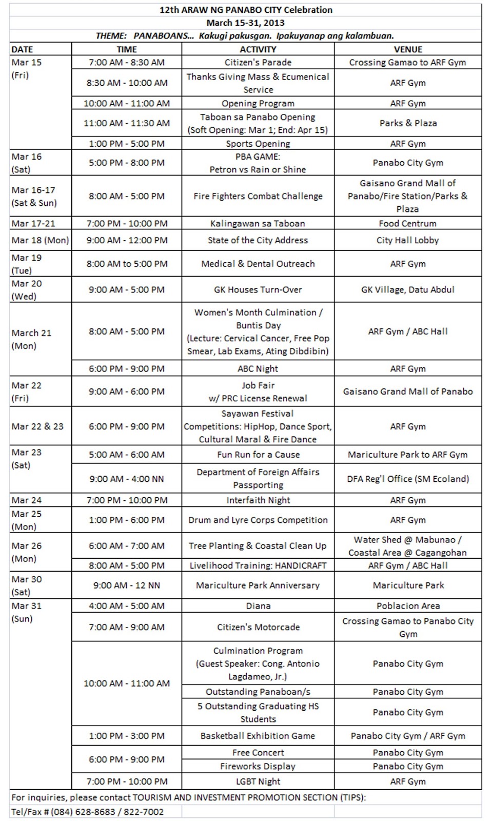 Byahero: 12th Araw ng Panabo Schedule of Activities