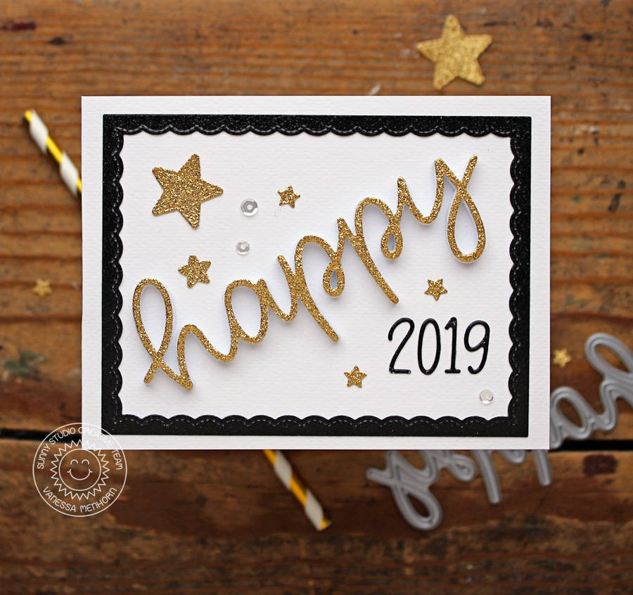 Sunny Studio: Glittery Gold and Black New Year's Card with Vanessa