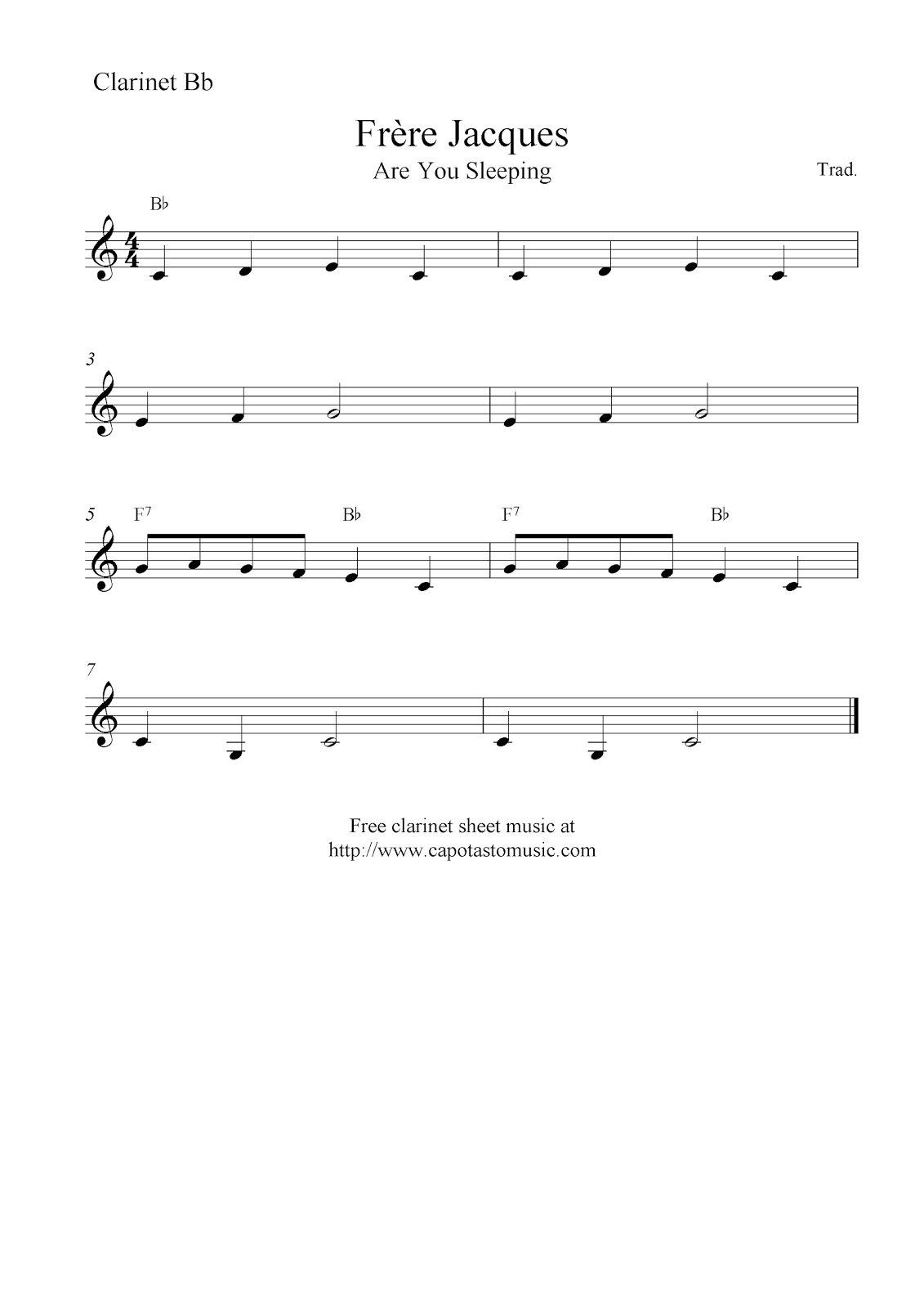 Easy Sheet Music For Beginners: Frère Jacques (Are You Sleeping), free ...