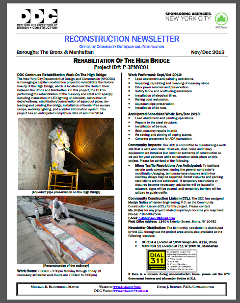 The High Bridge -- Its Past, Present & Future: Construction Advisory