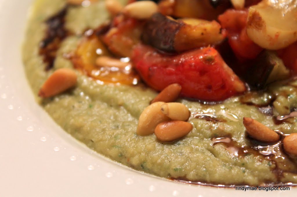 Rindy Mae: Basil Chickpea Puree With Shrimp and Roasted Veggies
