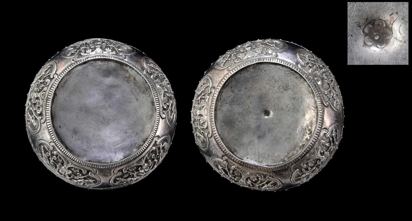 PATINA CINA PERANAKAN: PAIR STRAITS CHINESE SILVER REPOUSSE BETEL NUT BOXES