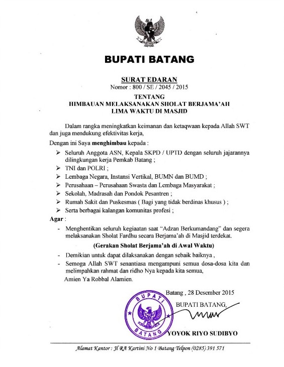 Surat Edaran Himbauan Shalat Berjamaah di Masjid dari Bupati Batang ... Surat Edaran Himbauan Shalat Berjamaah di Masjid dari Bupati Batang ...