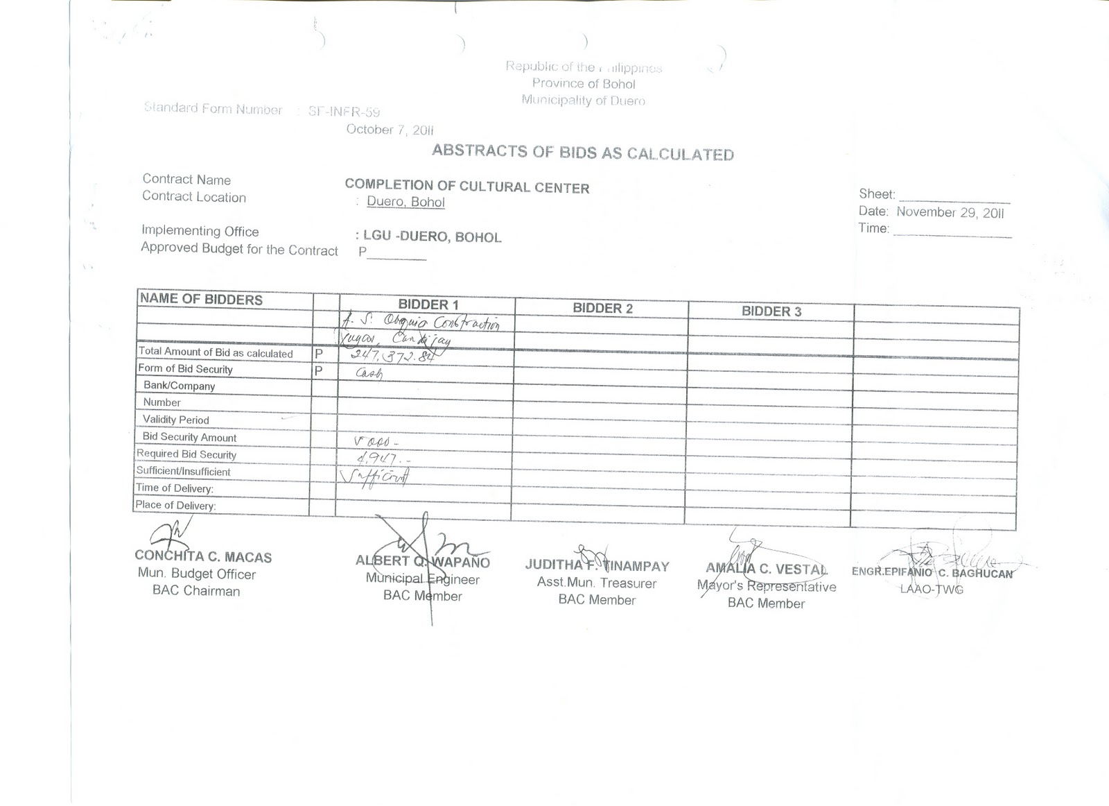 The Municipality of Duero, Bohol: * Abstract of Bids as Read