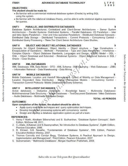 IT6001 Advanced Database Technology Syllabus Semester VI Elective IT ...