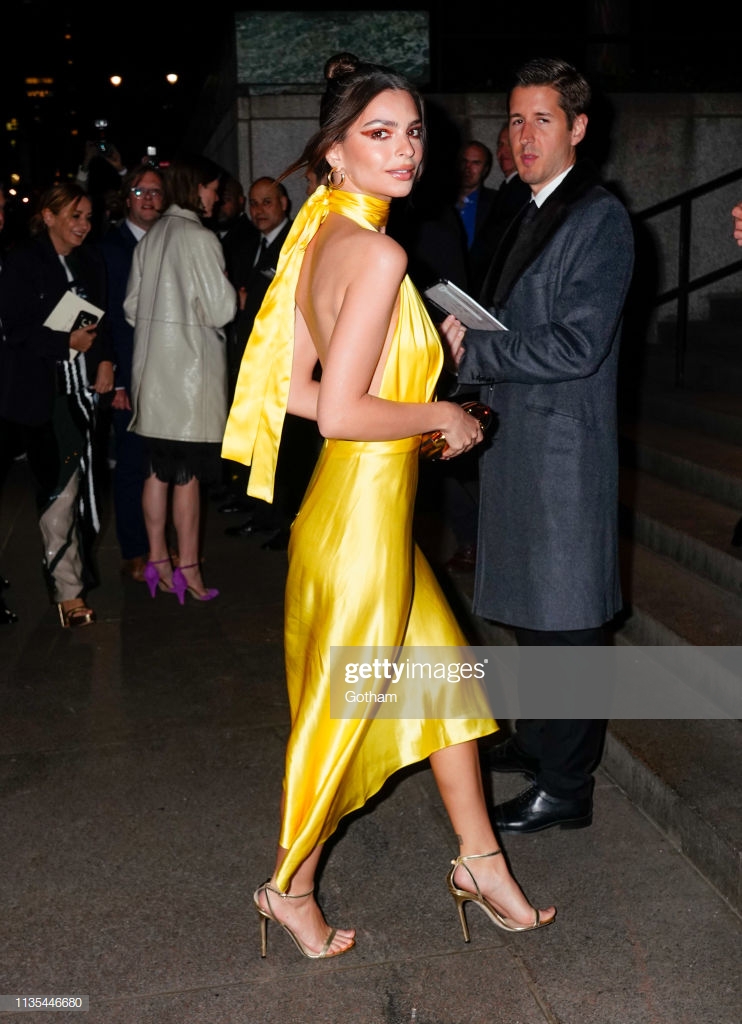 Ladies in Satin Blouses: emily ratajkowski - yellow satin dress