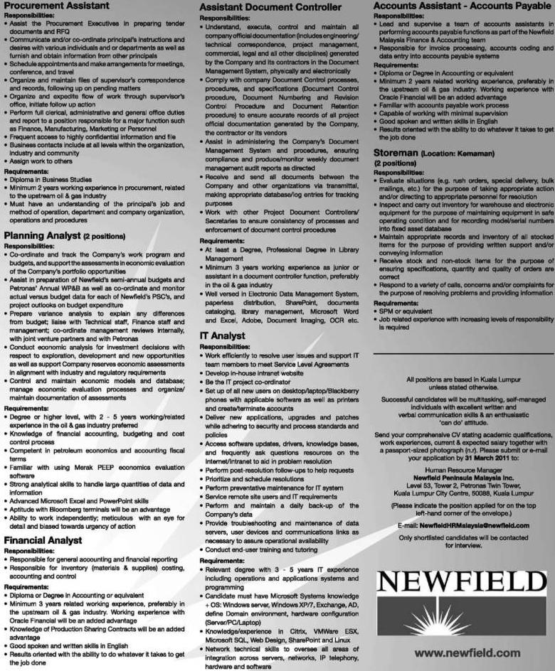 Newfield Malaysia Jobs Vacancy 2011