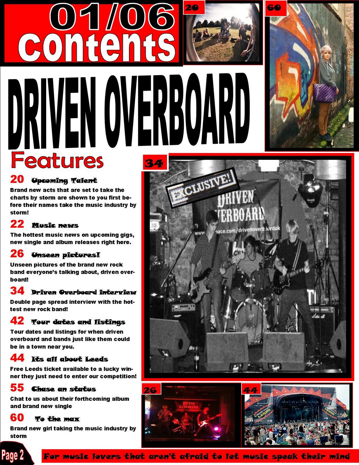 Media Work: First draft of my music magazine contents page