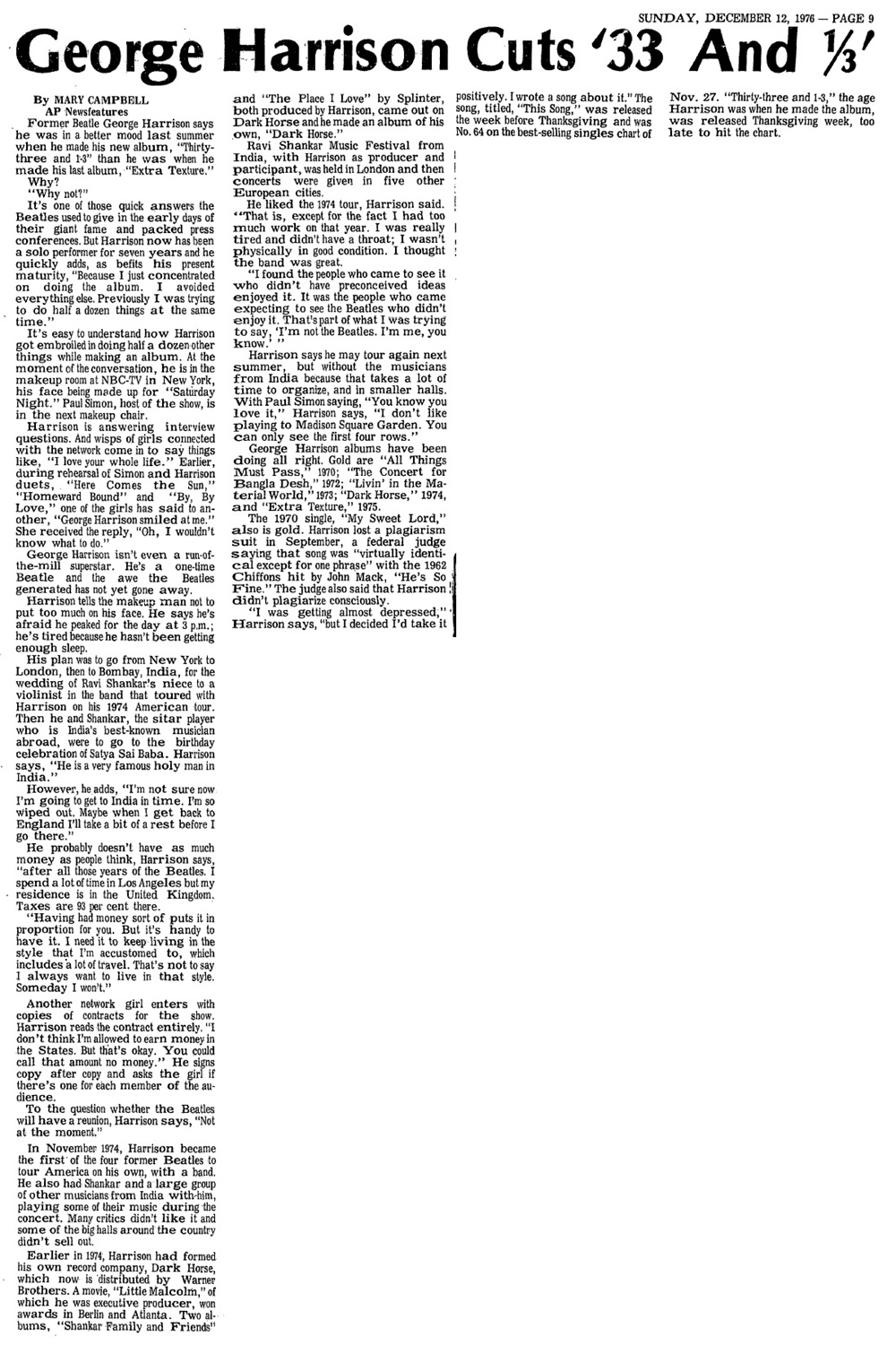 The Beatles In The News: George Harrison - The Ogdensburg Journal (NY ...