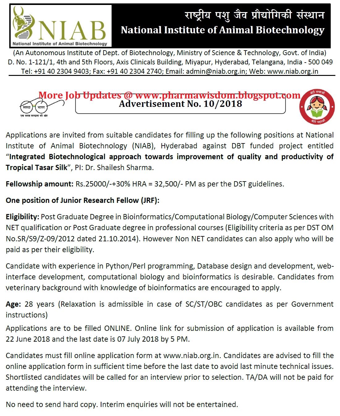 Applications are Invited for the Post of JRF @ NIAB (National Institute ...