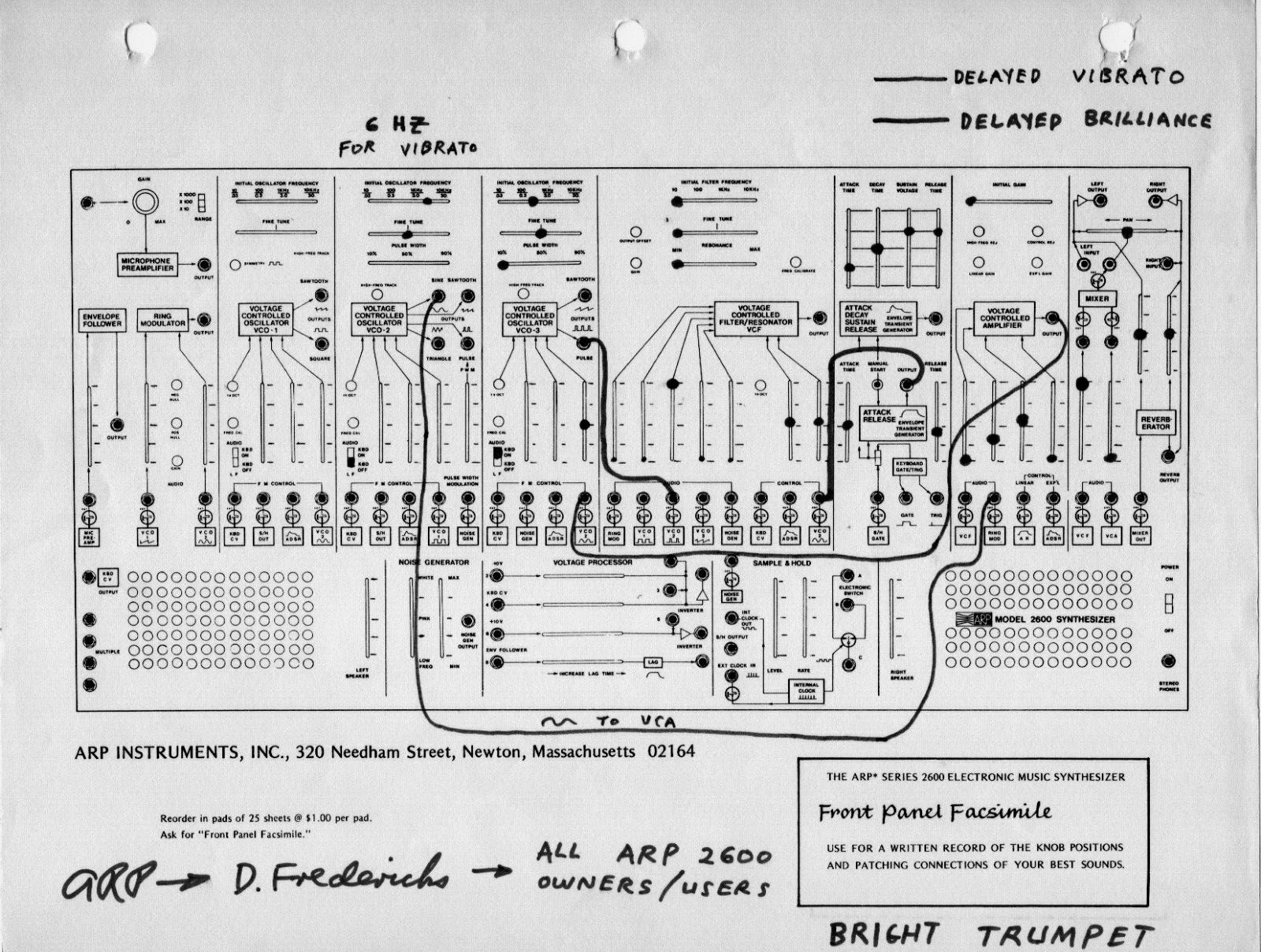 MATRIXSYNTH: ARP 2600 Synthesizer Patch Book. David Frederick Signature ...
