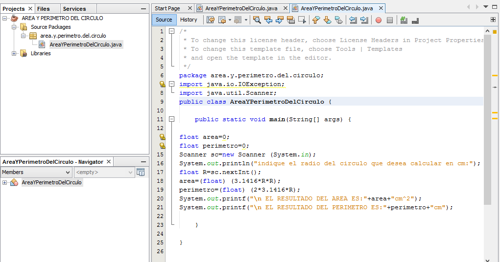 primera sesión java : ÁREA Y PERÍMETRO DEL CIRCULO