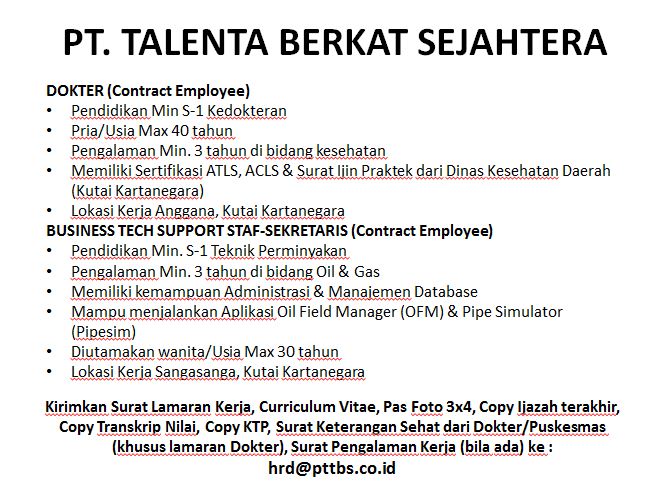 Lowongan Kerja Kota Balikpapan: Lowongan PT. TALENTA BERKAT SEJAHTERA