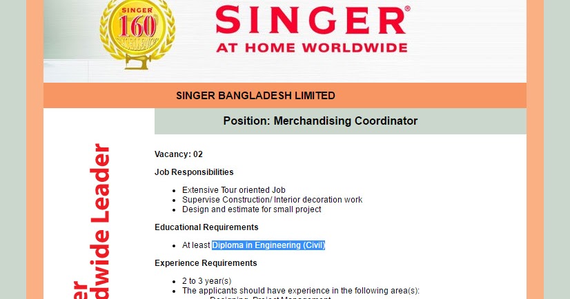 Singer Bangladesh Limited - Merchandising Coordinator - Jobs ...