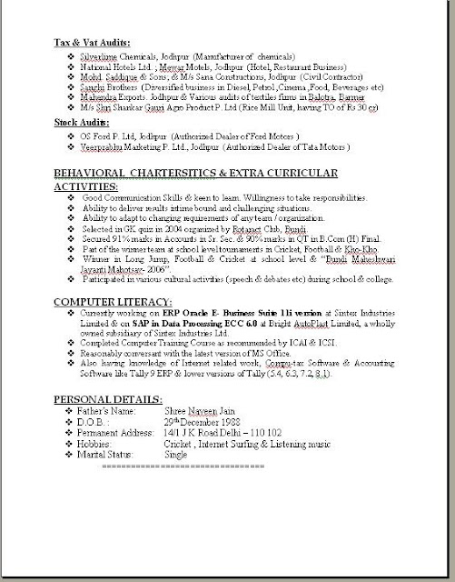 CA Professional Resume Format Free Download