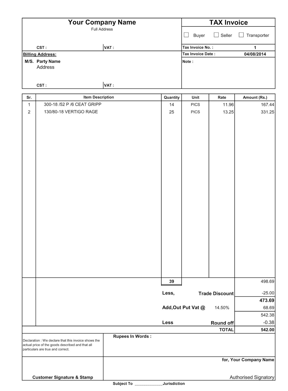 Sales Invoice / Challan ~ My Desk