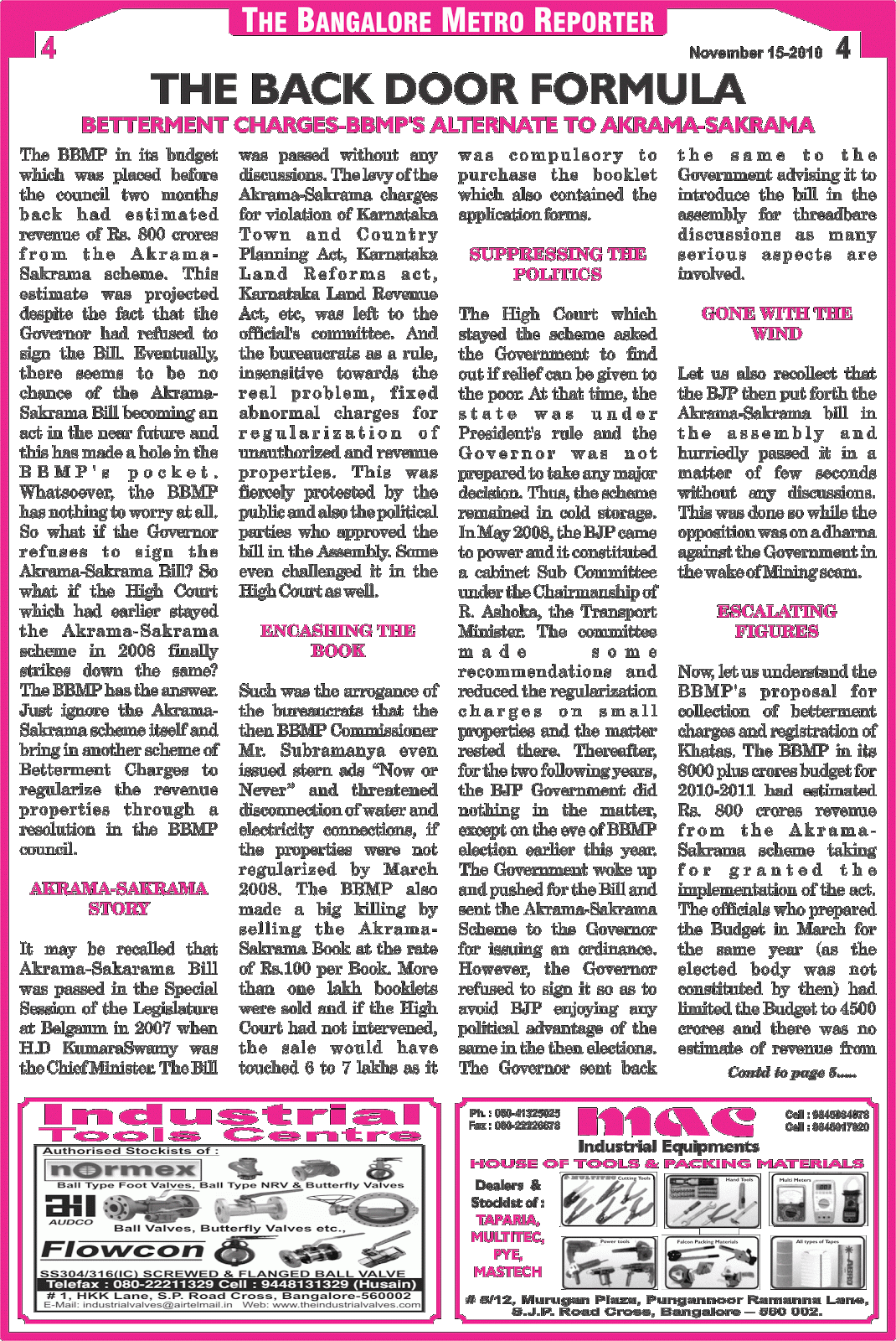 The Bangalore Metro Reporter: THE BACK DOOR FORMULA BETTERMENT CHARGES ...
