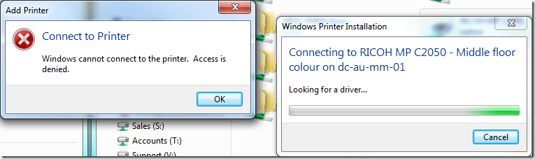 Window cannot connect to the printer Access denied