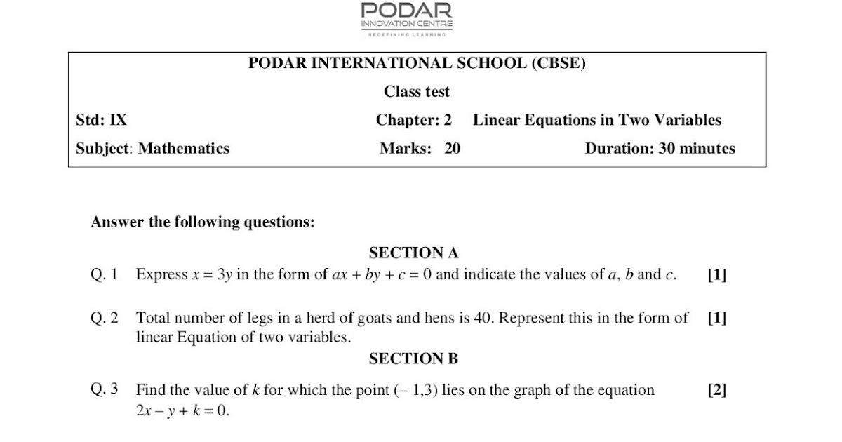 Math class test of Linear Equation in 2 variables with answer scheme