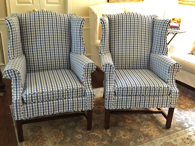 Pam Morris Sews: Checked Wing Chairs in Shades of Blue