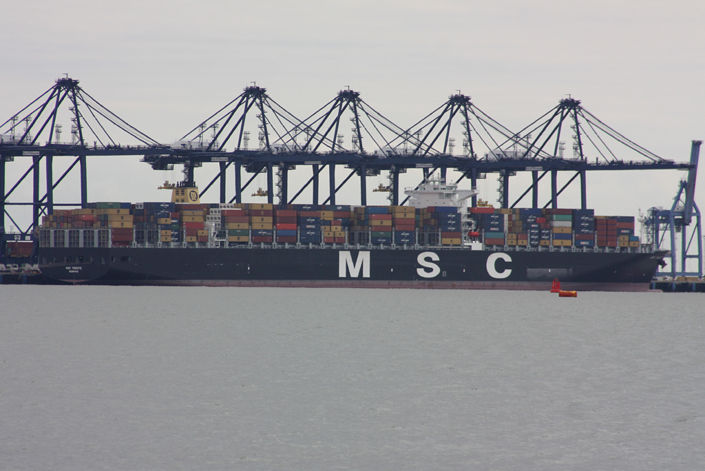 UK Shipping: MSC TRIESTE on her maiden voyage at Felixstowe 16/04/2012