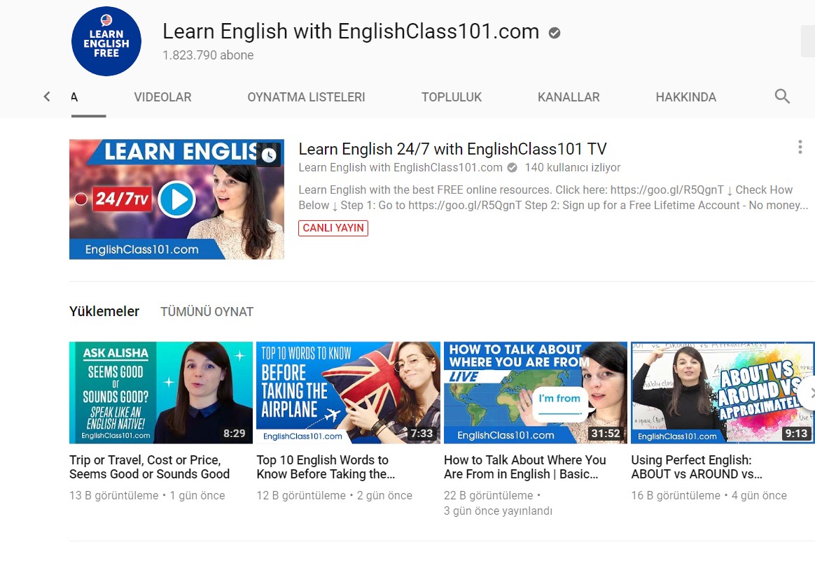Youtube'da 7 Gün 24 Saat İngilizce Öğreten Kanal Learn English with ...