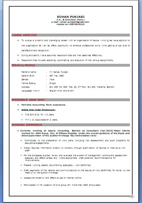 Chartered Accountant Final Year Student CV Format In Word Format Free ...