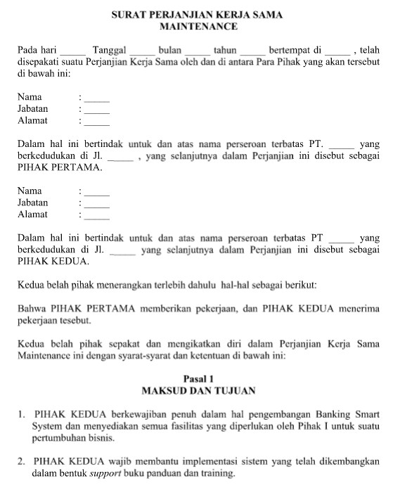 Contoh Surat Perjanjian Kerja sama Maintenance Resmi Format Word ...