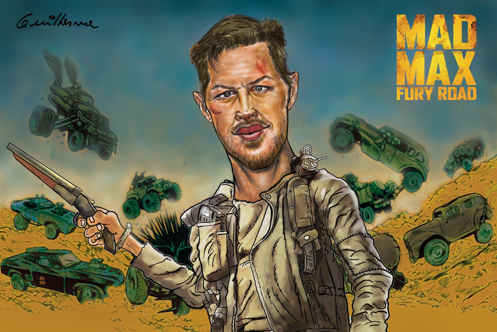 Guilherme Artes: Caricatura Tom Hardy - Mad Max "Fury Road"