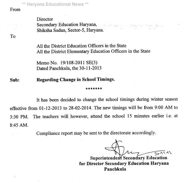 Surinder Khurana: Letter Regarding Change in School Timings (9:00 AM to ...