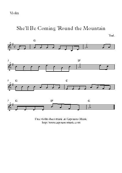 Free easy violin sheet music, She'll Be Coming 'Round the Mountain